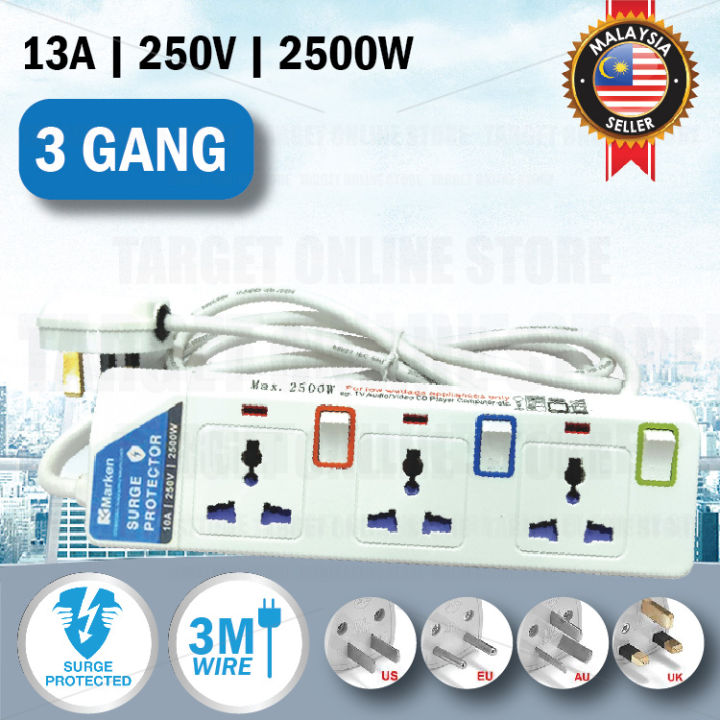 (3M) 3 GANG MARKEN Extension Power Strip with Surge Protector Multi ...