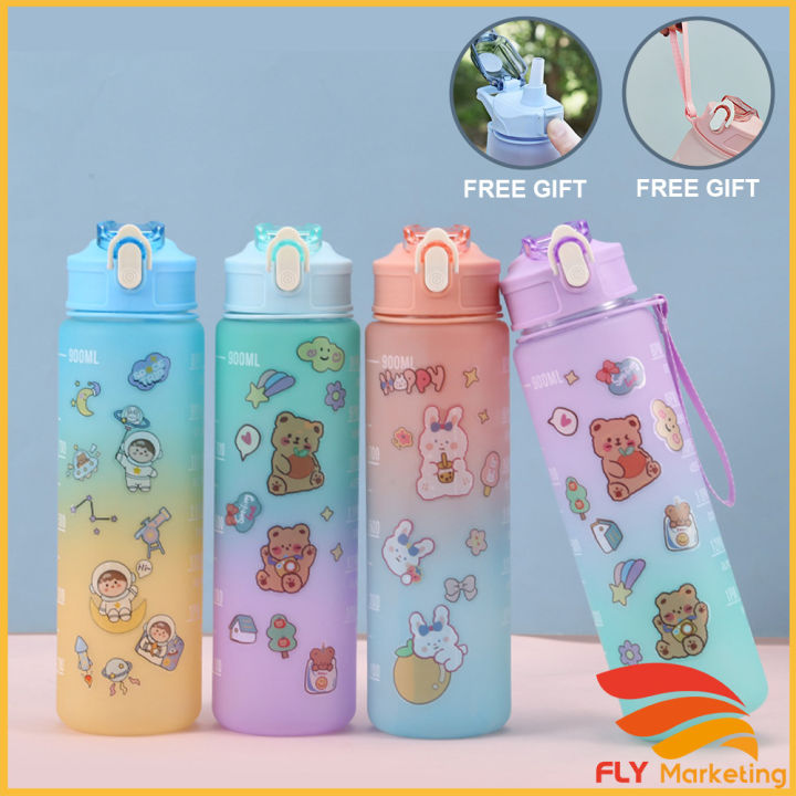 Portable Cute Water Bottle Botol Air 900ml Water Bottle with Straw and ...