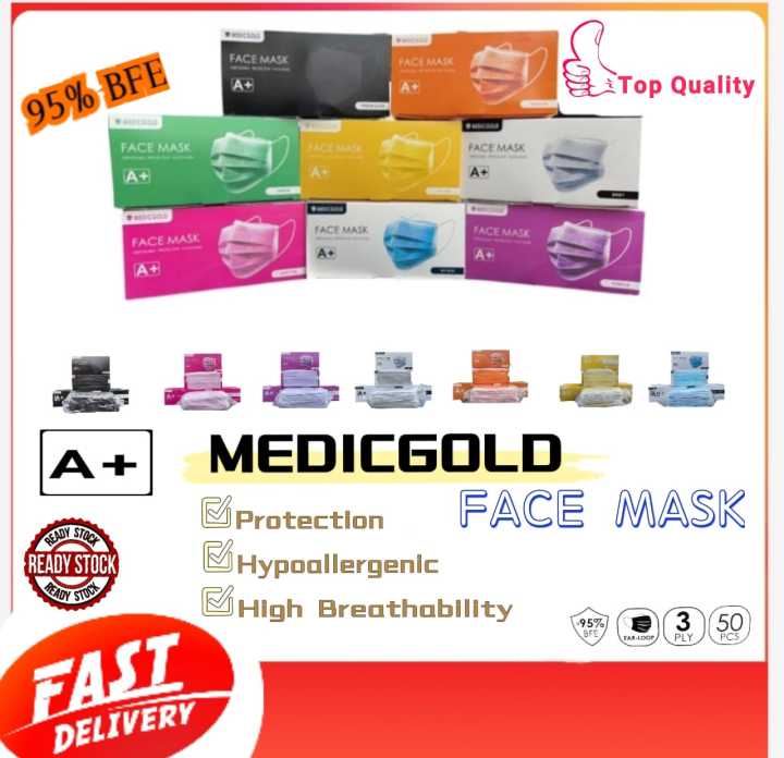 Medicgold A+ With Logo ⚠️Ready Stock⚠️ Adult Face Mask 3 ply BFE