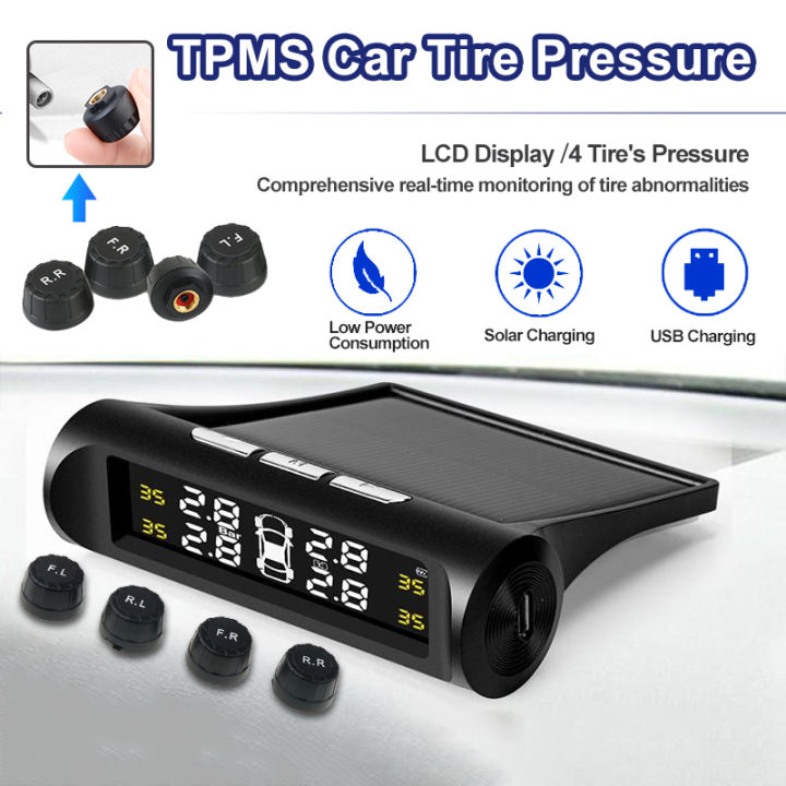 USB Solar TPMS Car Tire Pressure Alarm Monitoring System 4 External Sensors Real-Time Solar ...