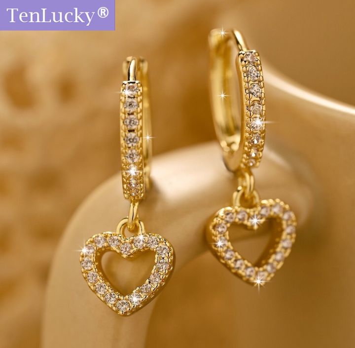 TenLucky Fashion Bling Love Heart Zircon Drop Earrings for Girl Women ...
