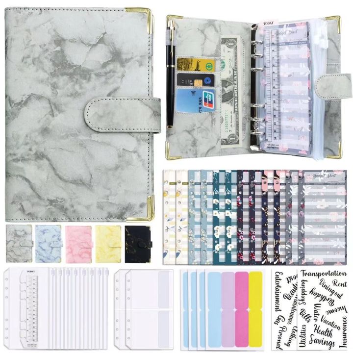 A6 Binder Marbled Refillable Notebook With Zipper bags Leather PU 6 ...