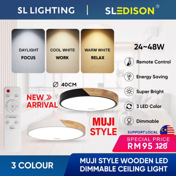 SL EDISON Wooden LED Ceiling Light 3 Color Remote Dimmable Surface ...