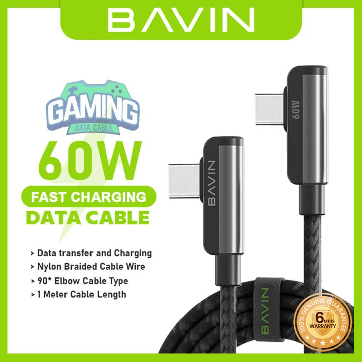 BAVIN CB211 60W PD Fast Charging Data Cable w/ 90 Degree Elbow Gaming Charging Cable Nylon ...