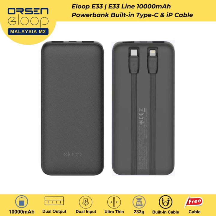 Orsen Eloop E33 Dual USB Output Powerbank 10000mAh E33 Line Built-in Type-C & iP Cable Ultra ...