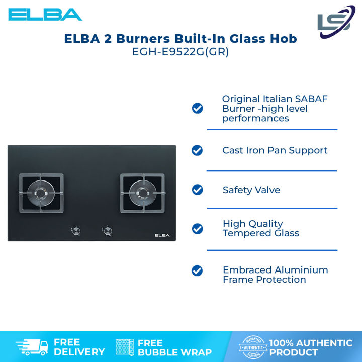 ELBA 2 Burners Built-In Glass Hob EGH-F9542G(GR) | Original Italian SABAF Burner | Cast Iron Pan ...