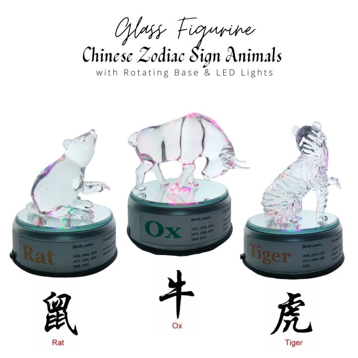 Chinese Zodiac Sign Animal Glass Figurine in Rotating Base (Rat, Ox ...