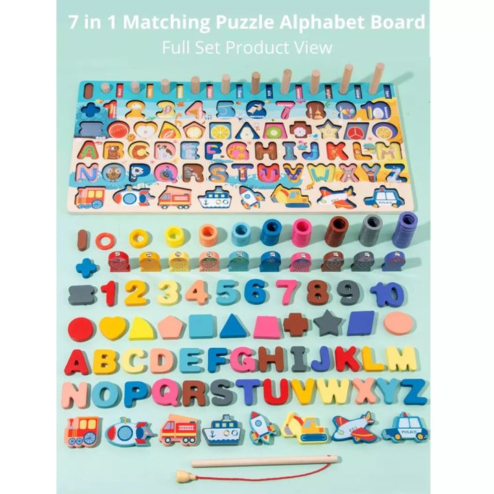 7 in 1 Wooden Interactive Alphabet Board Puzzle Magnetic Fishing Game ...