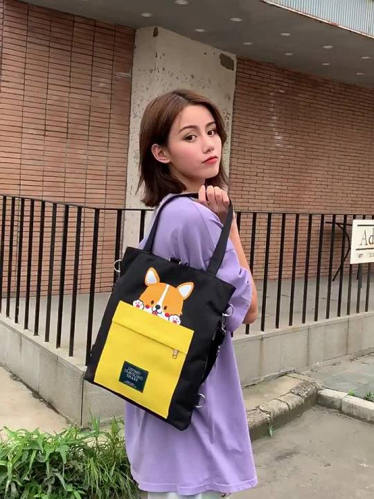 กระเป๋าผ้าใบกระเป๋านักเรียนผู้หญิงกระเป๋าสามใช้ความจุขนาดใหญ่กระเป๋าผ้าแบบพกพาลายการ์ตูนน่ารัก ...