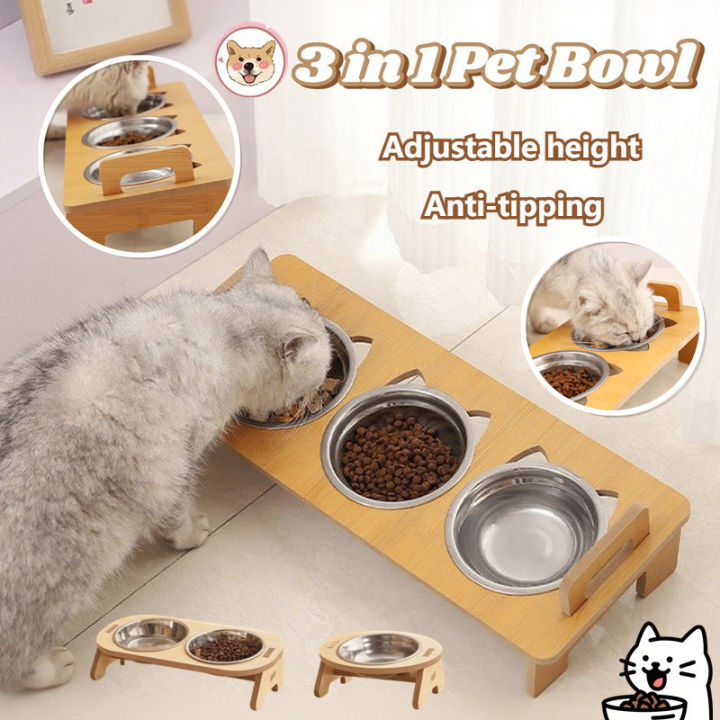 3 in 1 Anti-tipping Pet Bowl Stainless Steel Adjustable Cat Bowl No ...