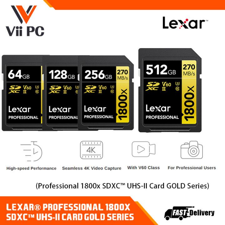 LEXAR Professional 1800x 64GB / 128GB / 256GB /512GB SDXC UHS-II Card GOLD Series R270/W180 MB/s ...