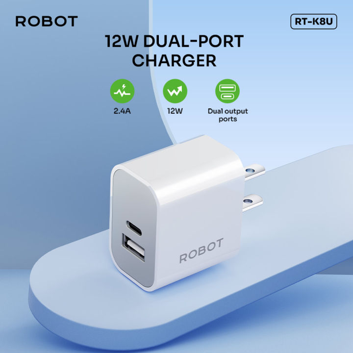 Robot RT-K8U 12W Dual Port Charger 2.4A 12W Can Charge 2 Devices USBA ...