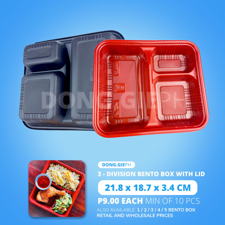 DGPH [25 PCS] 3-Division Disposable Bento Box with Plastic Lid (P9.0 ...