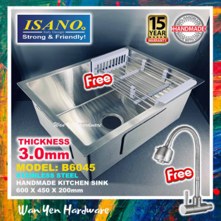 [3.0MM THICKNESS] ISANO B6045 Stainless Steel Single Bowl Handmade ...