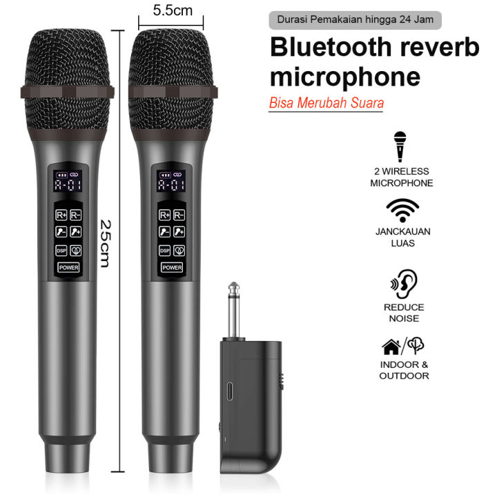 Mikrofon Wireless Profesional Baterai Isi Ulang, Reverb Volume Control ...
