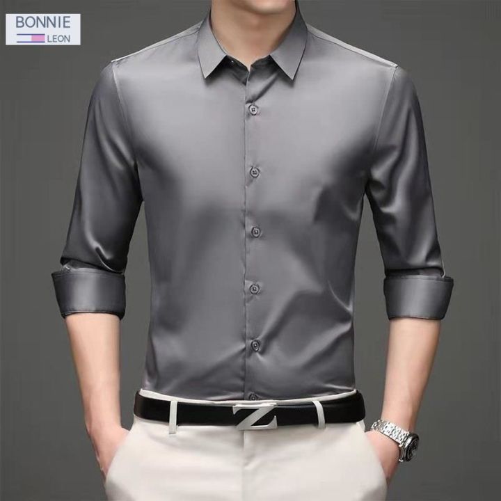 Bonnieleon Ice silk long-sleeved shirt men's business formal wear anti ...