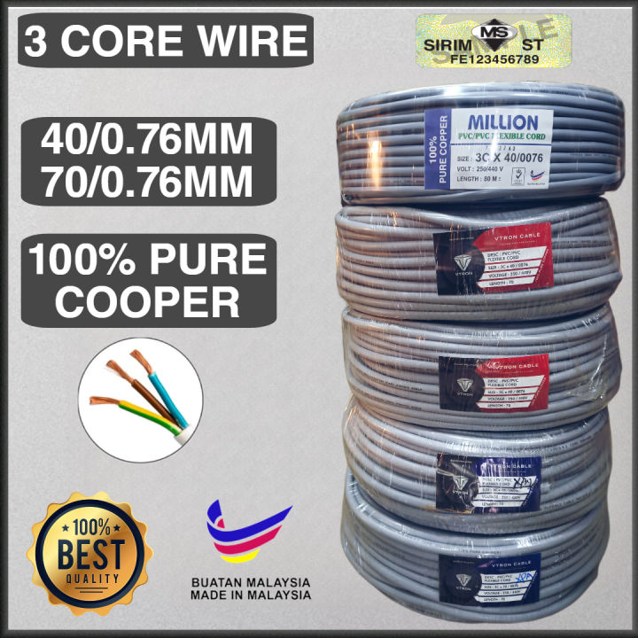 3 Cores Cable 40/076 70/076 X 3C 100% Pure Copper PVC Wire Cable ...