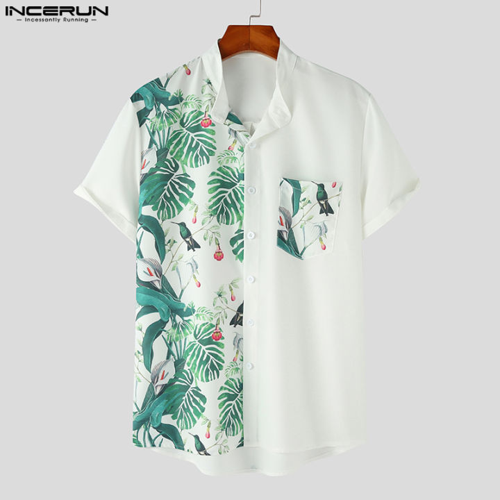 INCERUN ผู้ชายแขนสั้นงานปะดอกไม้เสื้อเสื้อเชิ้ตลำลองปก (สไตล์เกาหลี) #3 ...