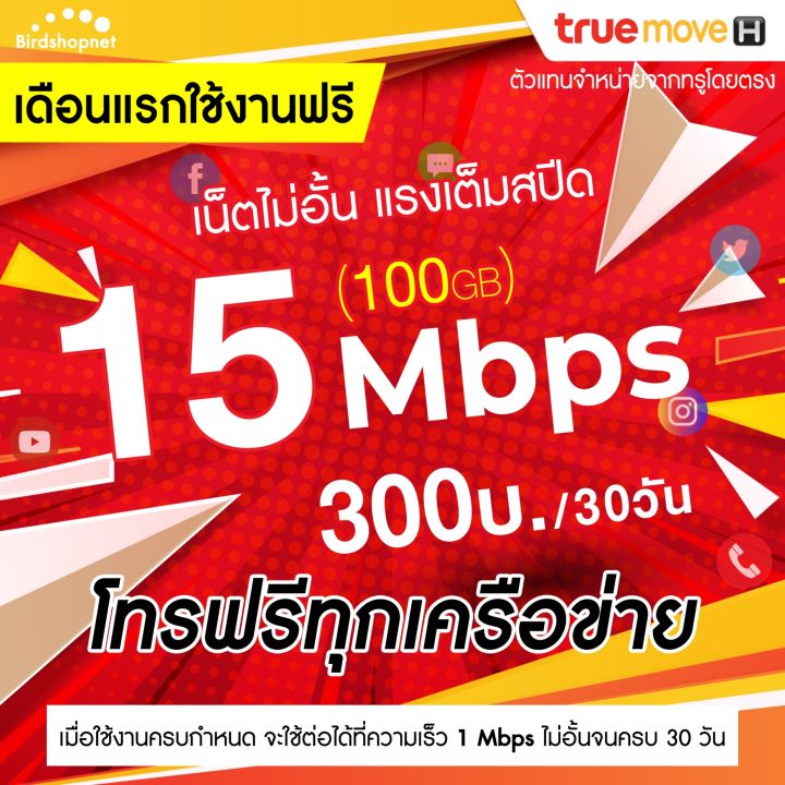 (ใช้ฟรีเดือนแรก) ซิมเทพทรู True เล่นเน็ตไม่อั้น 15 Mbps (100GB) + โทรฟรีทุกเครือข่าย นาน 12 ...