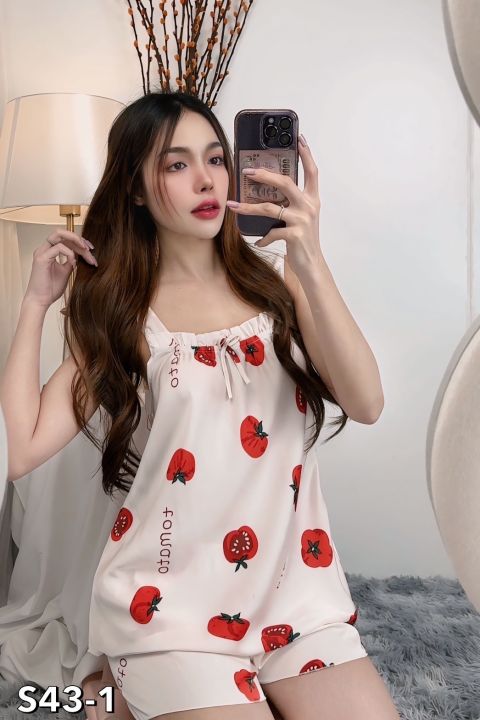 ชุดนนอนผ้าซาติน ได้2ชิ้น เสื้อสายสายเดี่ยว+กางเกง ลายน่ารักๆ S43 | Lazada.co.th