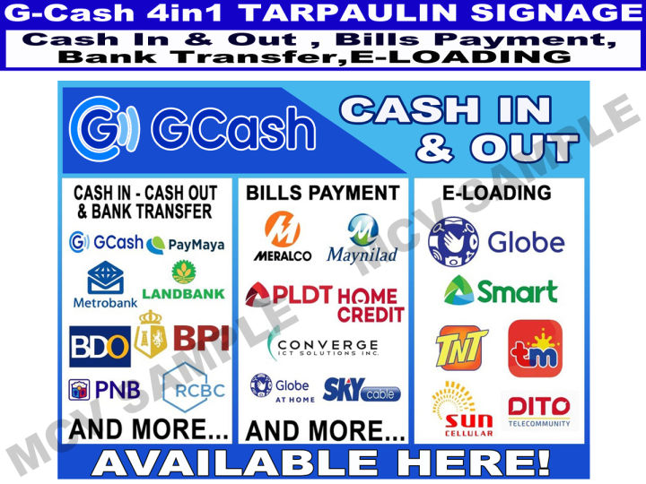 Gcash 4in1 Tarpaulin Signage Cash In & Out, Bills Payment, Bank Transfer and E-LOADING, 18x24 ...