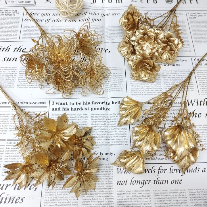 1 BUNCH | ARTIFICIAL GOLD FLOWER & LEAF BUSH FOR WEDDING DECORATION ...