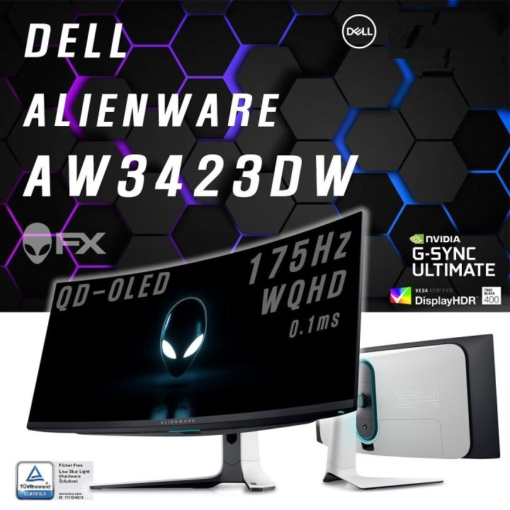 Alienware AW3423DW QD OLED 34 Inch WQHD (3440x1440) 21:9 1800R Curved Gaming Monitor, 175Hz, 0 ...