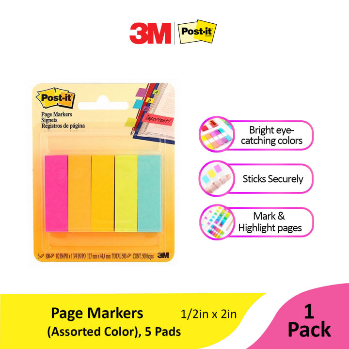 Post-it Page Markers, 100 Sheets/Pad, 5 Pads/Pack, 1/2IN x 2IN 670-5AN ...