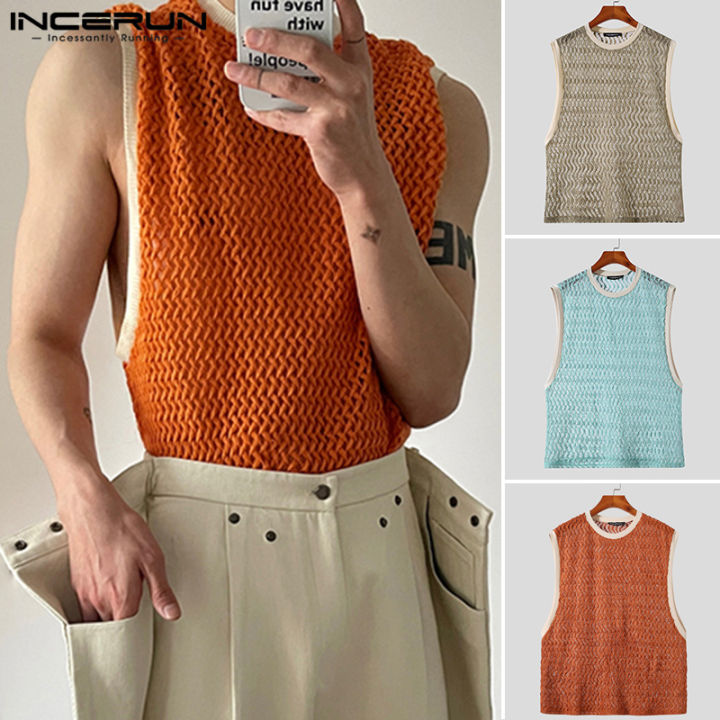 Beehoo เสื้อกล้ามคอกลมลำลองเสื้อตาข่ายแขนกุดกลวงออกลูกไม้สำหรับผู้ชาย ...