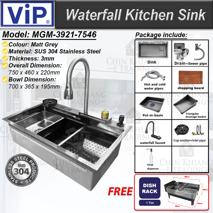ViP Waterfall Kitchen Sink SUS 304 Stainless Steel Single Bowl Sink ...