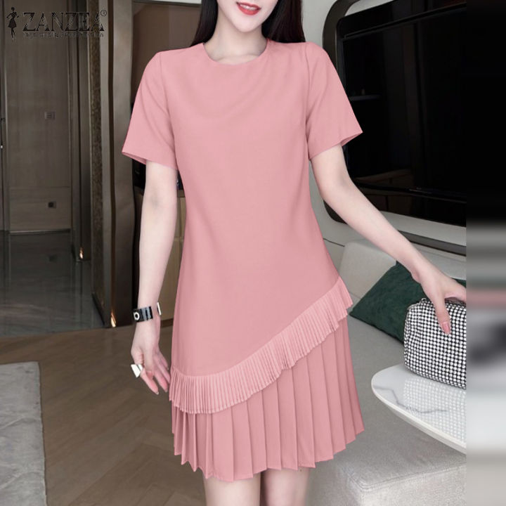 Celmia Zanzea Korean Style Women Plain A Line Short Sleeve Dress