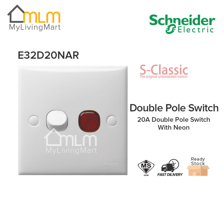 Schneider S-Classic Clipsal 20A 1 Gang Double Pole Switch with Neon and ...