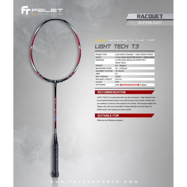 Felet Light Tech T3 5u 78gram+- Heavy Head Racket Badminton Raket ...
