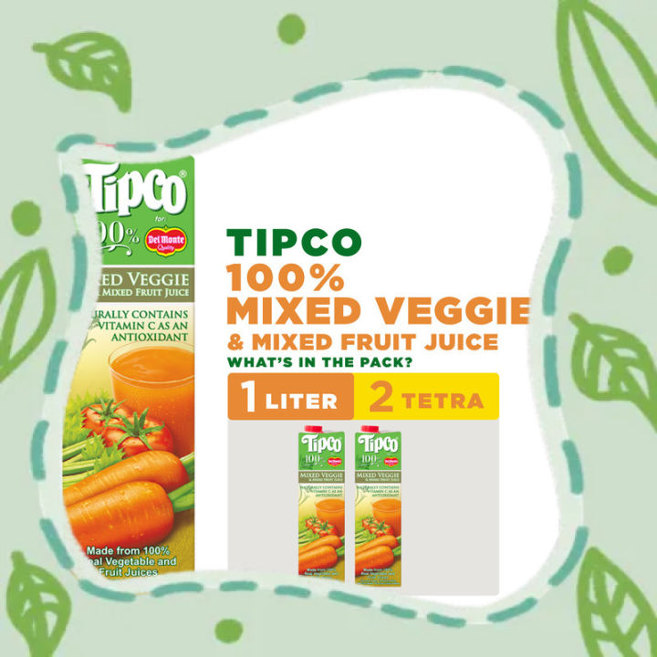 TIPCO 100% Mixed Veggies & Mixed Fruit Juice with Powerpack Health Benefits - 1L Tetra x2 ...