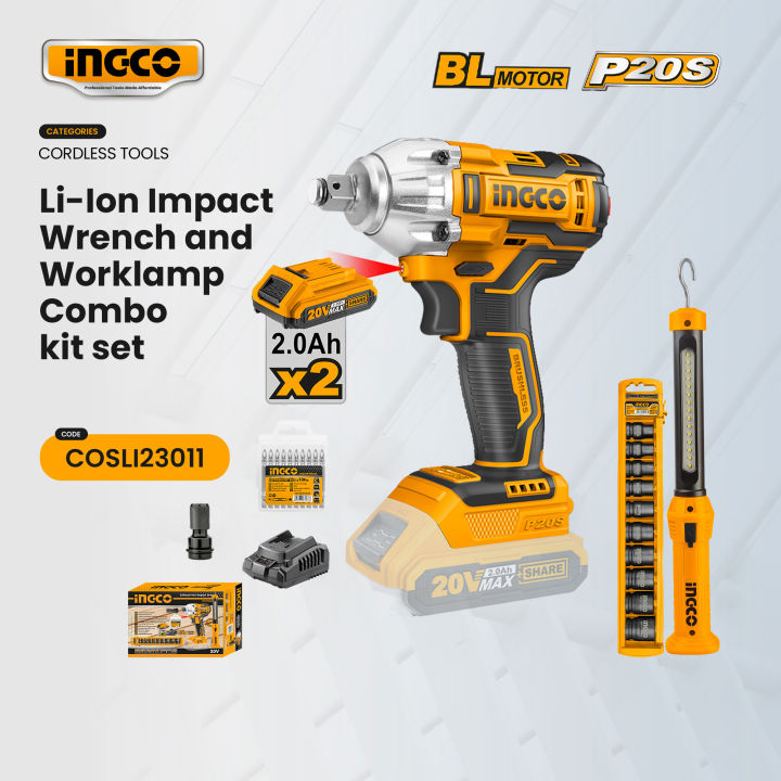 INGCO BRUSHLESS 20V Cordless Impact Wrench CIWLI2001 | 2PCS Combi Kit ...