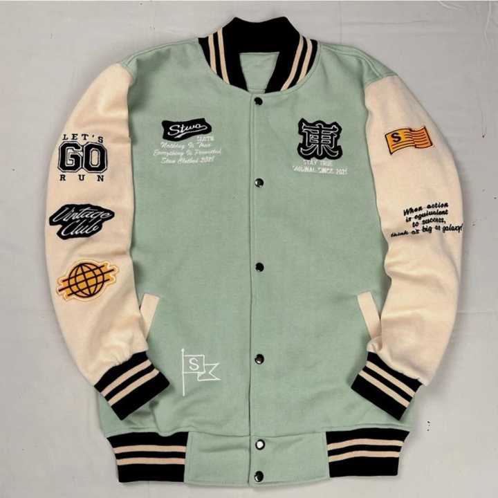 Jaket Baseball Varsity SAGE MINT FULL BORDIR Pria Wanita Fleece Tebal ...