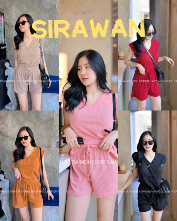 Sirawan ชุดเซต2ชิ้นผู้หญิง ชุดเซตผู้หญิง เสื้อแขนกุด คอวี + กางเกงขา ...