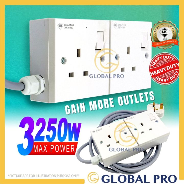 2 WAY Extension Plug Box Wire Copper Heavy Duty Extension Power Socket ...