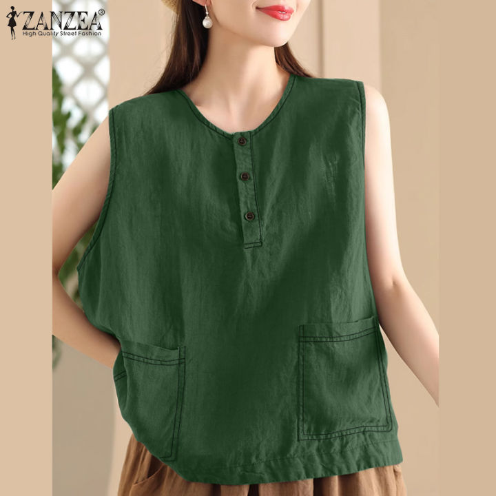 ZANZEA Women Vintage Casual Solid Color Sleeveless Tank Top Crew Neck Bohemian Vests #0505 ...