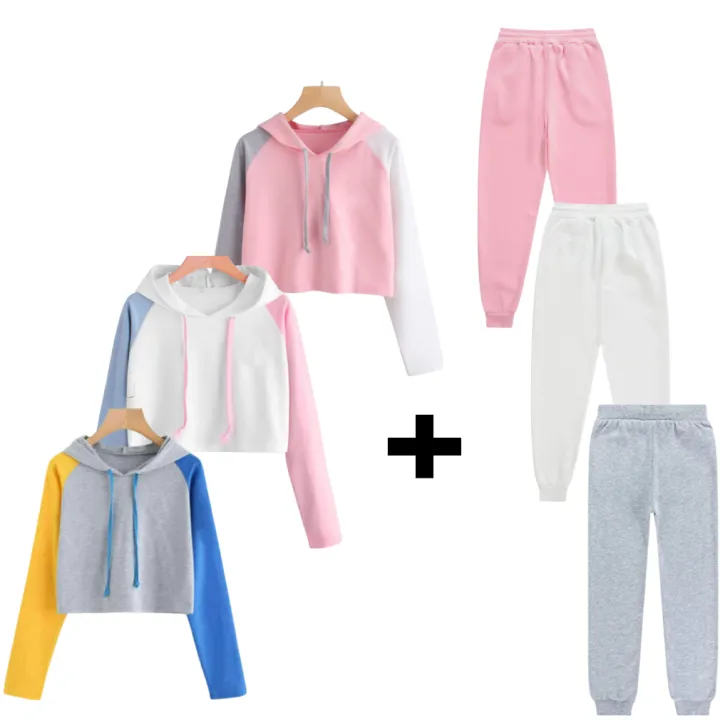 Joy Baju Setelan Remaja Sweater Crop Hody Kombinasi Tangan Dan Celana ...