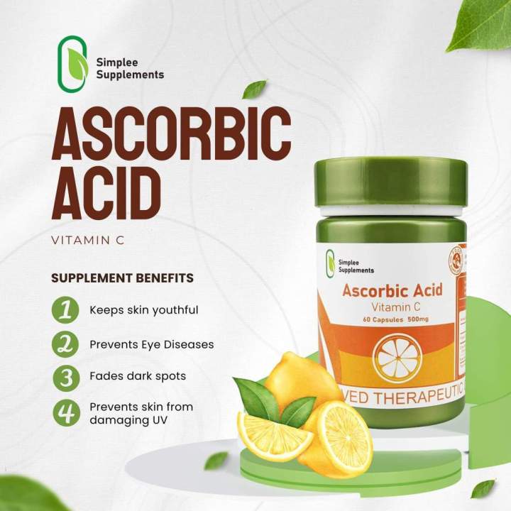 Simplee Ascorbic Acid/Vitamin C Capsule Supplement (60 Vegan Capsules ...