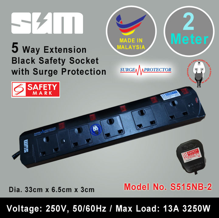 SUM 5 Way Extension Safety Black Socket with Surge Protection and ...