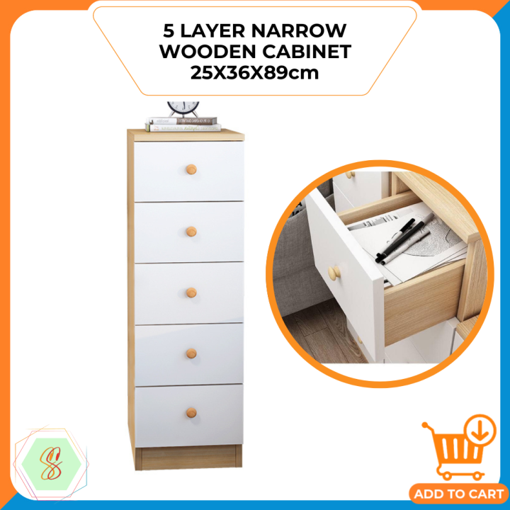 5 Layer Narrow Wooden Cabinet 25x36x89cm| Slim Wooden White Storage ...