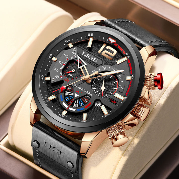 LIGE Brand Men Watch Original Leather Strap Waterproof Chronograph ...