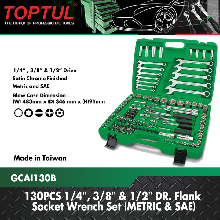 Toptul 130PCS 1/4", 3/8" & 1/2" Drive Flank Socket Wrench Set (METRIC ...
