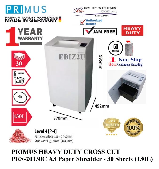 PRIMUS HEAVY DUTY CROSS CUT PRS-20130C A3 Paper Shredder - 30 Sheets ...