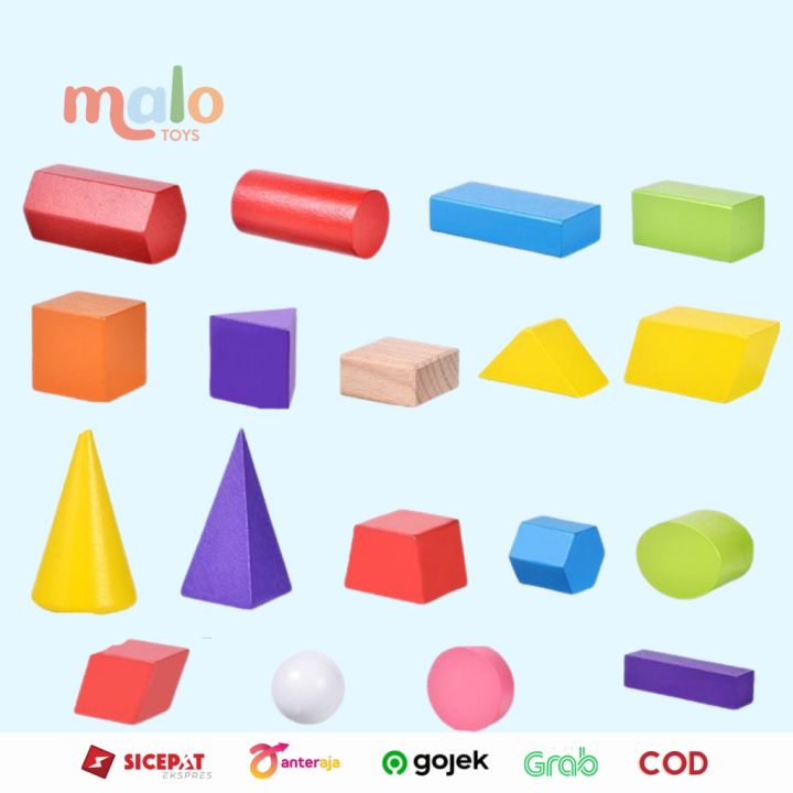 MALOTOYS - Wooden Geometric Shape Blocks Mathematics 3D Shapes Mainan ...