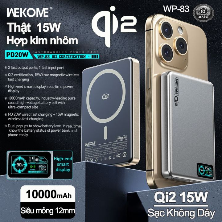 Sạc dự phòng không dây Magsafe Qi2 thật 15W WEKOME WP-83 Magsafe Hợp kim nhôm siêu mỏng 12mm ...