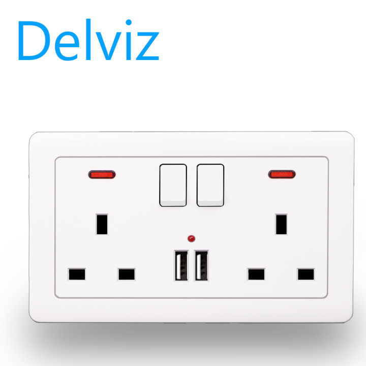 Delviz UK wall-mounted 13A power socket.Dual Tri-Port Dual USB 5V-2.1A ...