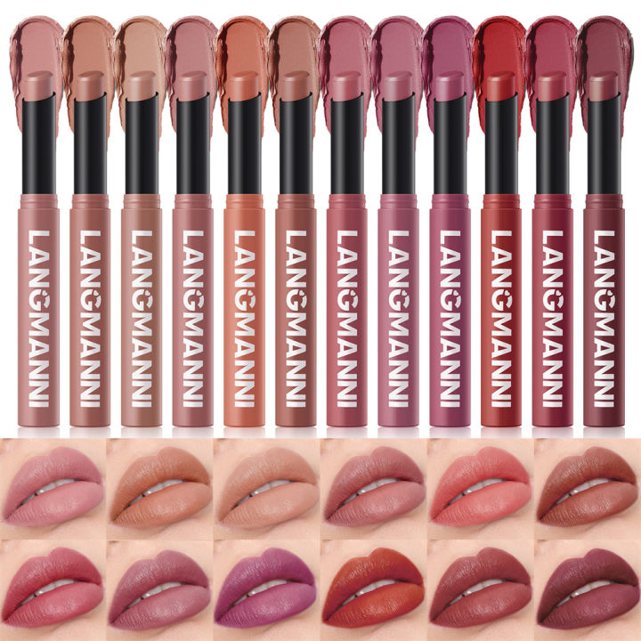 LANGMANNI 12สีนู้ดเคลือบลิปสติกสีเวลเว็ดเรียบกันน้ำไม่ติดถ้วยคงทนลิป ...